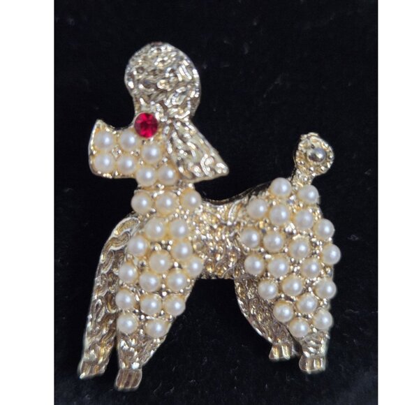 Vintage | Jewelry | Vtg Poodle Dog Brooch Pin Gold Tone Faux Pearl Red ...